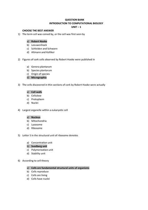 Question Bank Introduction To Computational Biology Unit 1 Cell