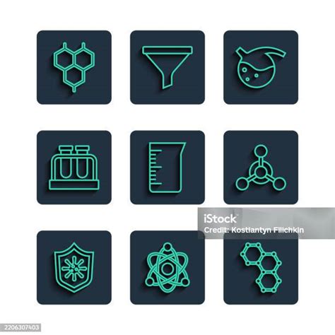 바이러스로부터 보호하는 방패 원자 화학식 시험관 및 플라스크 실험실 유리 제품 비커 및 분자 아이콘을 설정합니다 벡터 건강 검진에 대한 스톡 벡터 아트 및 기타 이미지