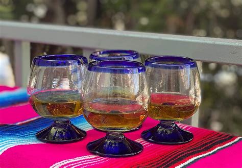 Cobalt Blue Rim Cognac Snifter Tequila Glasses Set Of 4 7 Oz Each