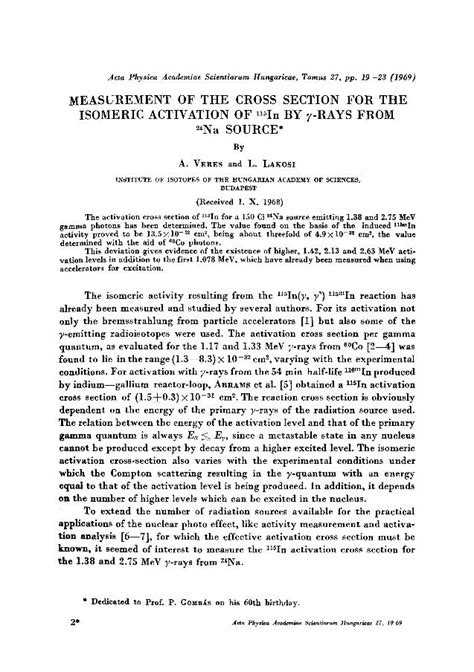 Pdf Measurement Of The Cross Section For The Isomeric Activation Of115in By γ Rays From24na