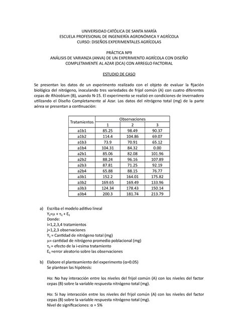 Práctica Nº Análisis de Varianza de un experimento agrícola con DCA con arreglo factorial Studocu