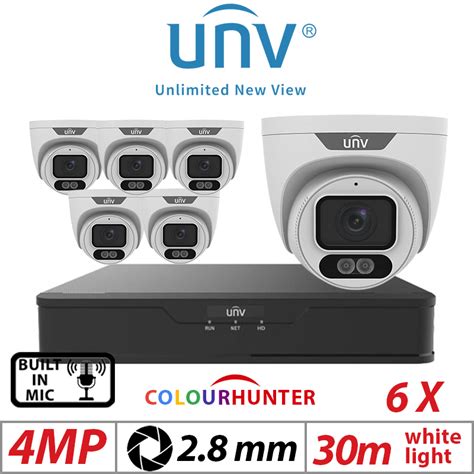 4MP 8CH UNIVIEW KIT 6X HD COLORHUNTER FIXED EYEBALL NETWORK CAMERA WHITE 2 8MM UNV IPC3624LE