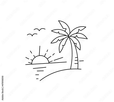 Vector Isolated Sunset Beach Landscape Doodle Line Drawing Drawn