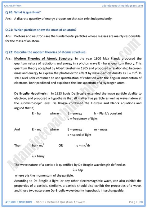 Adamjee Coaching Atomic Structure Short And Detailed Question Answers Chemistry 9th