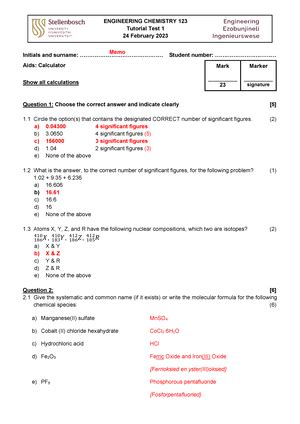 Tutoriaal 6 Memo Engineering Chemistry 123 Tutorial 6 Memo