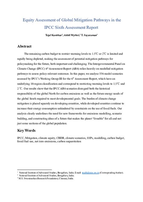 Pdf Equity Assessment Of Global Mitigation Pathways In The Ipcc Sixth Assessment Report