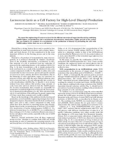 Pdf Lactococcus Lactis As A Cell Factory For High Level Diacetyl Production
