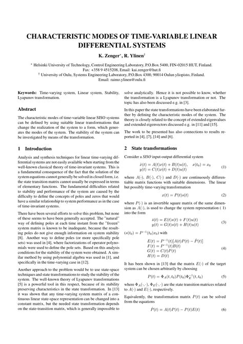 Pdf Characteristic Modes Of Time Variable Linear Differential Systems”