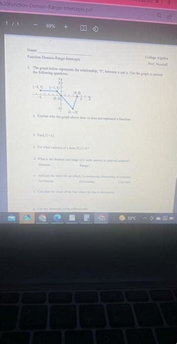 solved function domain range intercepts college algebra