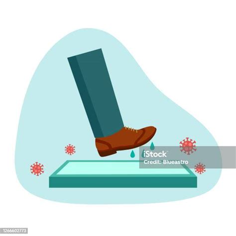 코비드19 코로나바이러스와 박테리아에서 신발을 청소하기 위해 소독 매트를 걷고있는 남자 흰색 배경에 의료 개념 벡터 그림 0명에