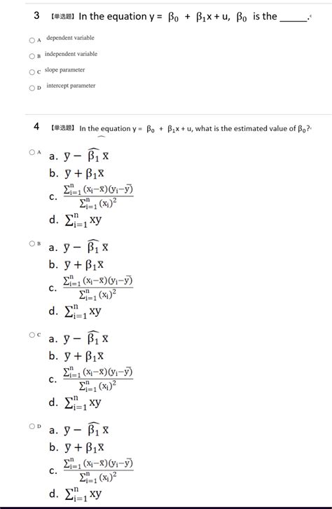 Solved 3 I单选题] In The Equation Y β0 β1x U β0 Is The A