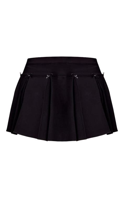 Black Stretch Woven Bow Trim Box Pleat Mini Skirt Prettylittlething
