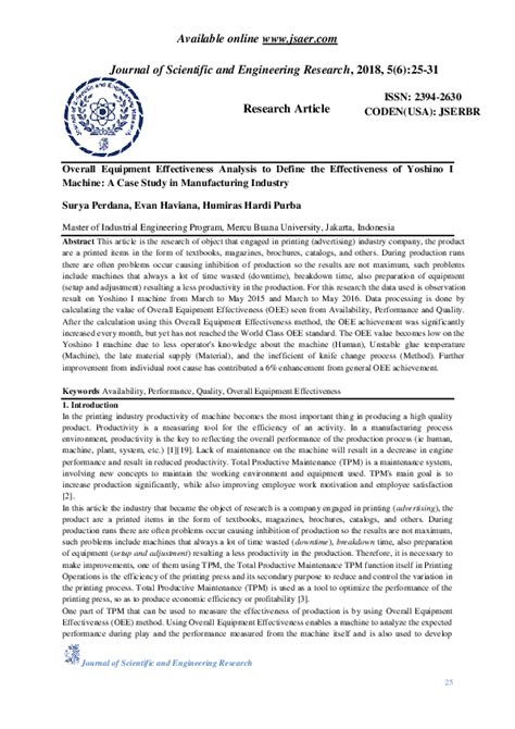 Pdf Overall Equipment Effectiveness Analysis To Define The