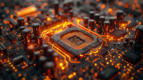 Close Up Of Glowing Orange Circuit Board Generative Ai Stock