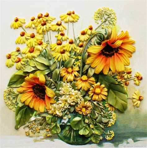 Вышивка лентами Очень солнечный букет 30 х 30 см купить или заказать в интернет магазине на