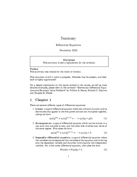 Differential Equations Summary Course Code De101 Studeersnel