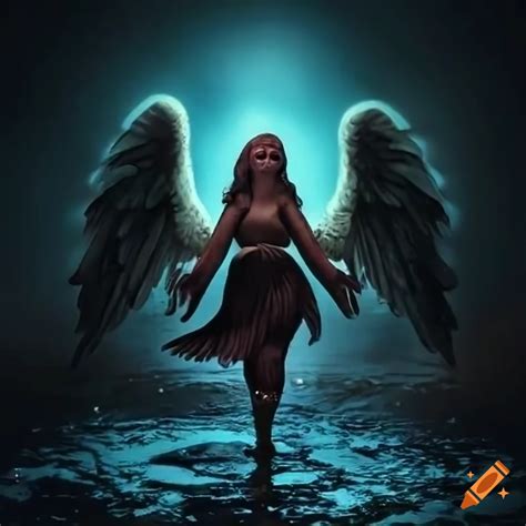 Angry Angel With Outstretched Wings Touching Black Gemstones Puddle On
