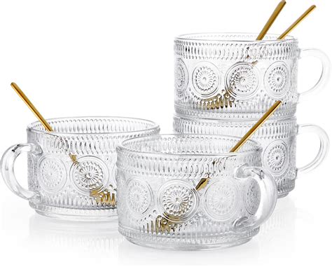 Mdluu 135oz Glass Coffee Mugs With Metal Spoons Set Of 4 Vintage