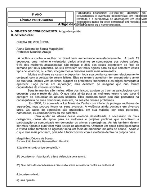 Aula 01 Atividades Artigo De Opinião Pdf