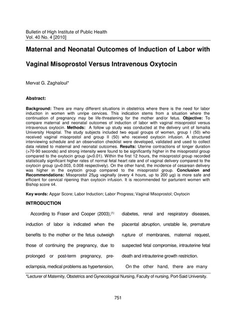 Pdf Maternal And Neonatal Outcomes Of Induction Of Labor With Vaginal Misoprostol Versus