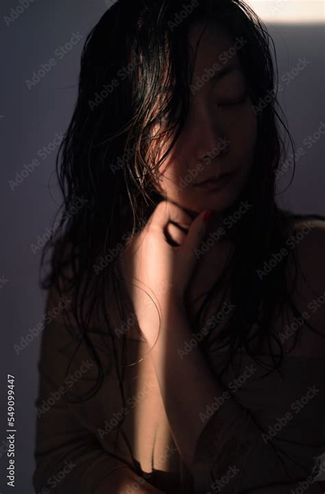Sexy Asian Woman In Underwear Wet Hair Beautiful Girl In Lights Stock