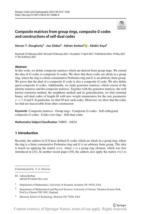 Pdf Composite Matrices From Group Rings Composite G Codes And Constructions Of Self Dual Codes