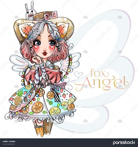 دختر کوچک ناز فرشته روباه با بال لباس میوه اسم حیوان دست اموز کمی روی