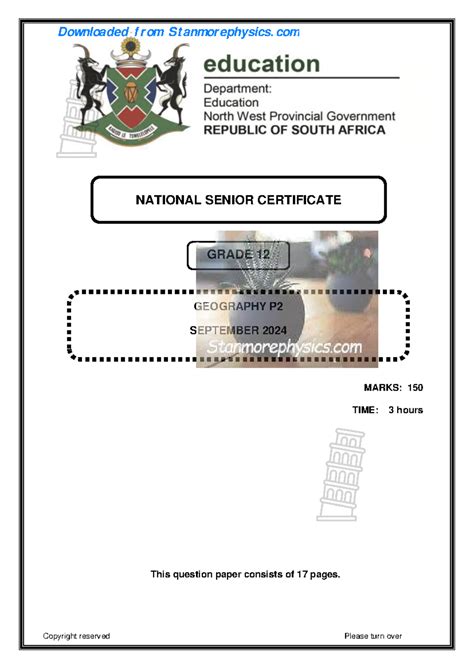Nw Geography Grade 12 September 2024 P2 And Memo Marks 150 Time 3