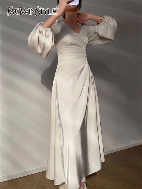Twotwinstyle elegante vestido para mulher decote em v lanterna manga cintura alta sólida ruched