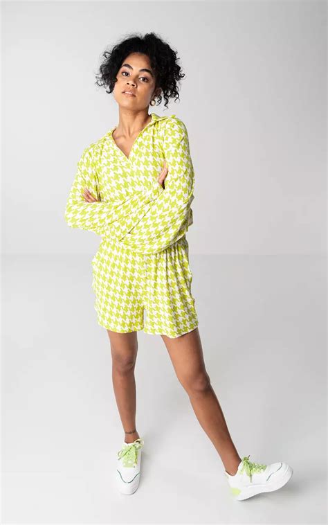 Short Met Pied De Poule Patroon Lichtgroen Wit