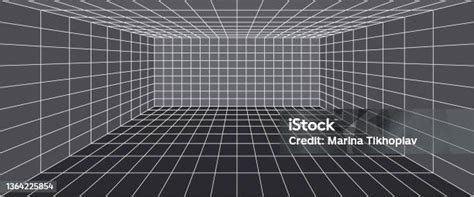 인테리어 디자인 가상 현실 와이어 프레임 벽 바닥 및 천장 타일 그리드 라인을위한 3d 룸 원근 그리드 배경 벡터 일러스트레이션 3차원 형태에 대한 스톡 벡터 아트 및 기타