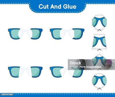 잘라 붙이고 접착제를 자르고 선글라스의 일부를 자르고 접착제를 붙입니다 교육 어린이 게임 인쇄 워크 시트 벡터 일러스트레이션 0명에 대한 스톡 벡터 아트 및 기타 이미지