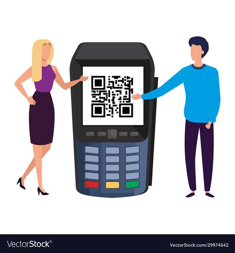 Business Couple And Dataphone With Scan Code Qr Vector Image