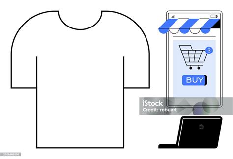 전자 상거래 경험을 위한 스마트폰과 노트북이 있는 티셔츠를 특징으로 하는 온라인 쇼핑 컨셉 Brand Name Smart Phone에 대한 스톡 벡터 아트 및 기타 이미지