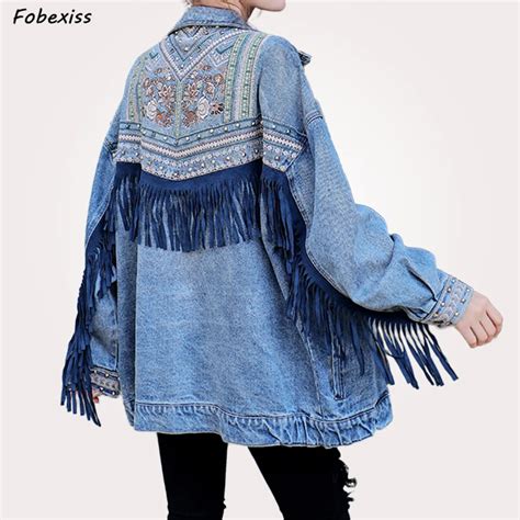Джинсовая куртка Женская Осень кисточкой Вышивка над размером D Плюс Размер Женская джинсовая