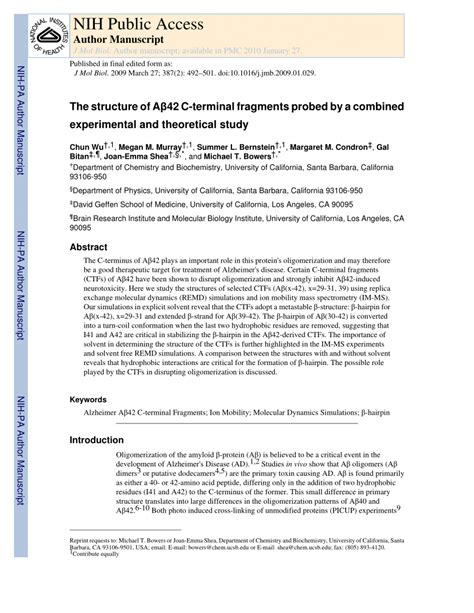 Pdf The Structure Of Aβ42 C Terminal Fragments Probed By A Combined