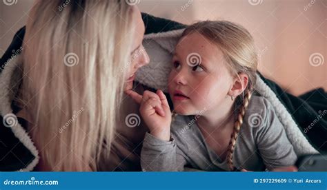 Mom Girl And Smile In Bedroom Night And Play In Bed Touch And Fun Happiness Enjoy And