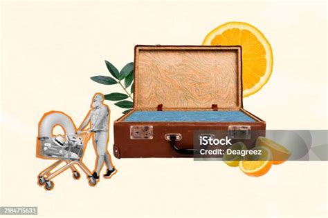 늙은 노인 걷는 쇼핑 트롤리 수하물 물 주말 여름 휴가 할인 여행 잡지 프로모션의 크리 에이 티브 트렌드 콜라주 55 59세에