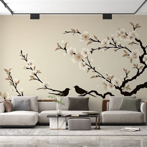 Japanese Cherry Blossom Mural Wallpaper Black Bird Silhouette And Be