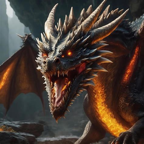 Premium Ai Image Old Ancient Fire Dragon Glowing Eyes Thick Scales