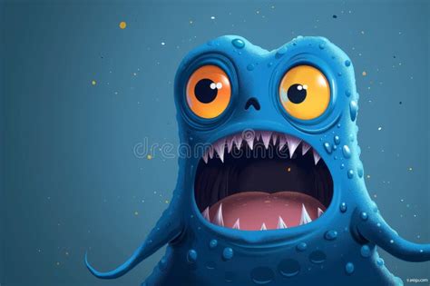 Cute Blue Blob Monster With Big Eyes And Open Mouth In A Cartoon Style
