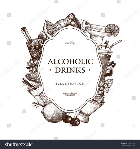 Vector Design With Hand Drawn Alcoholic Drinks Illustration Vintage