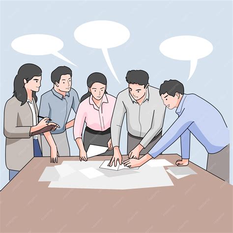 테이블 대화 팀 작업에 대한 사무실 직원 토론 프리미엄 벡터