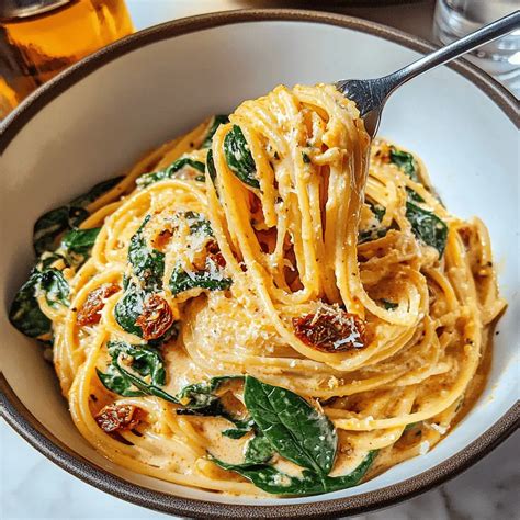 Spaghetti And Spinach With Sun Dried Tomato Cream Sauce Satisfy My