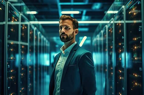 Premium Ai Image Data Center Engineer Young Man Holding Digital