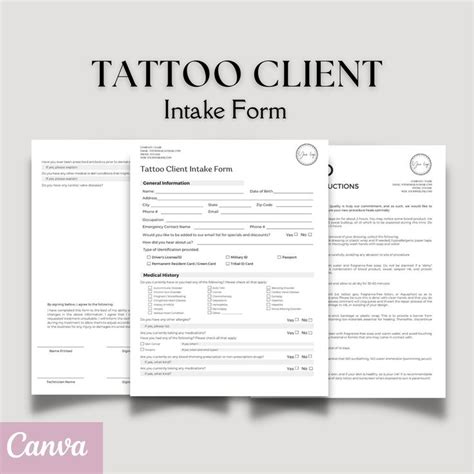 Editable And Printable Tattoo Client Intake Form Tattoo Business Forms