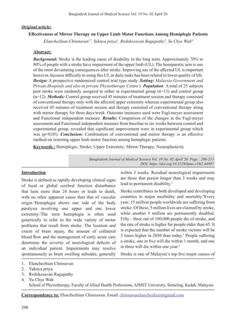 Pdf Effectiveness Of Mirror Therapy On Upper Limb Motor Functions Among Hemiplegic Patients
