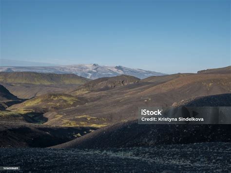 Myrdalsjokull 빙하의 일출 전망 Laugavegur 하이킹 트레일의 아이슬란드의 Botnar 캠프장에서 이른 아침