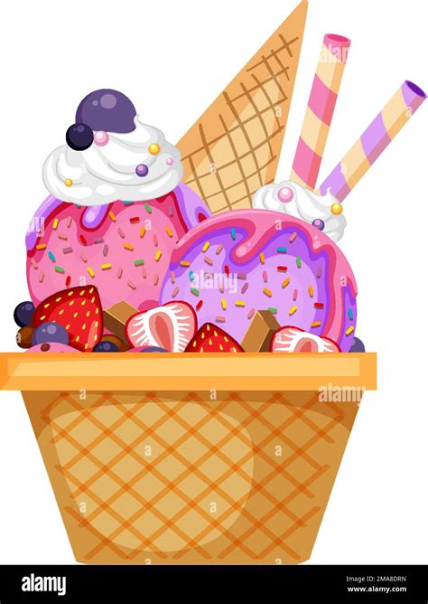 Strawberry Ice Cream Wafer Bowl With Toppings Illustration Stock Vector
