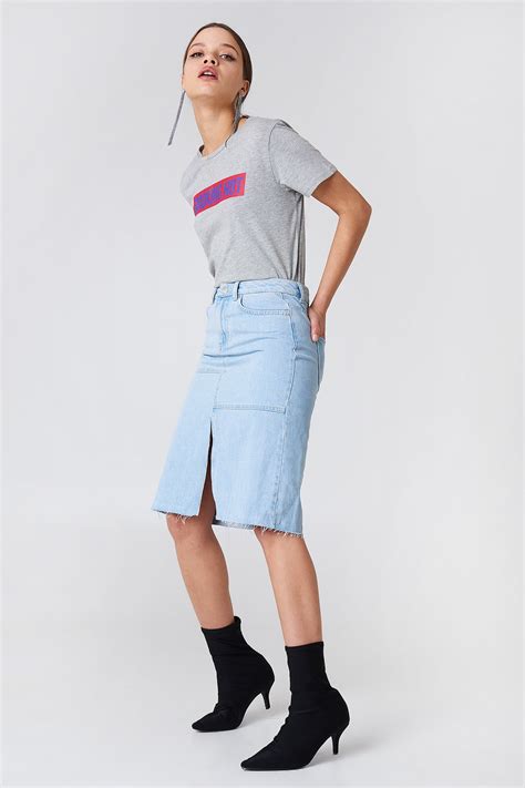 Front Back Slit Denim Skirt Blue Na